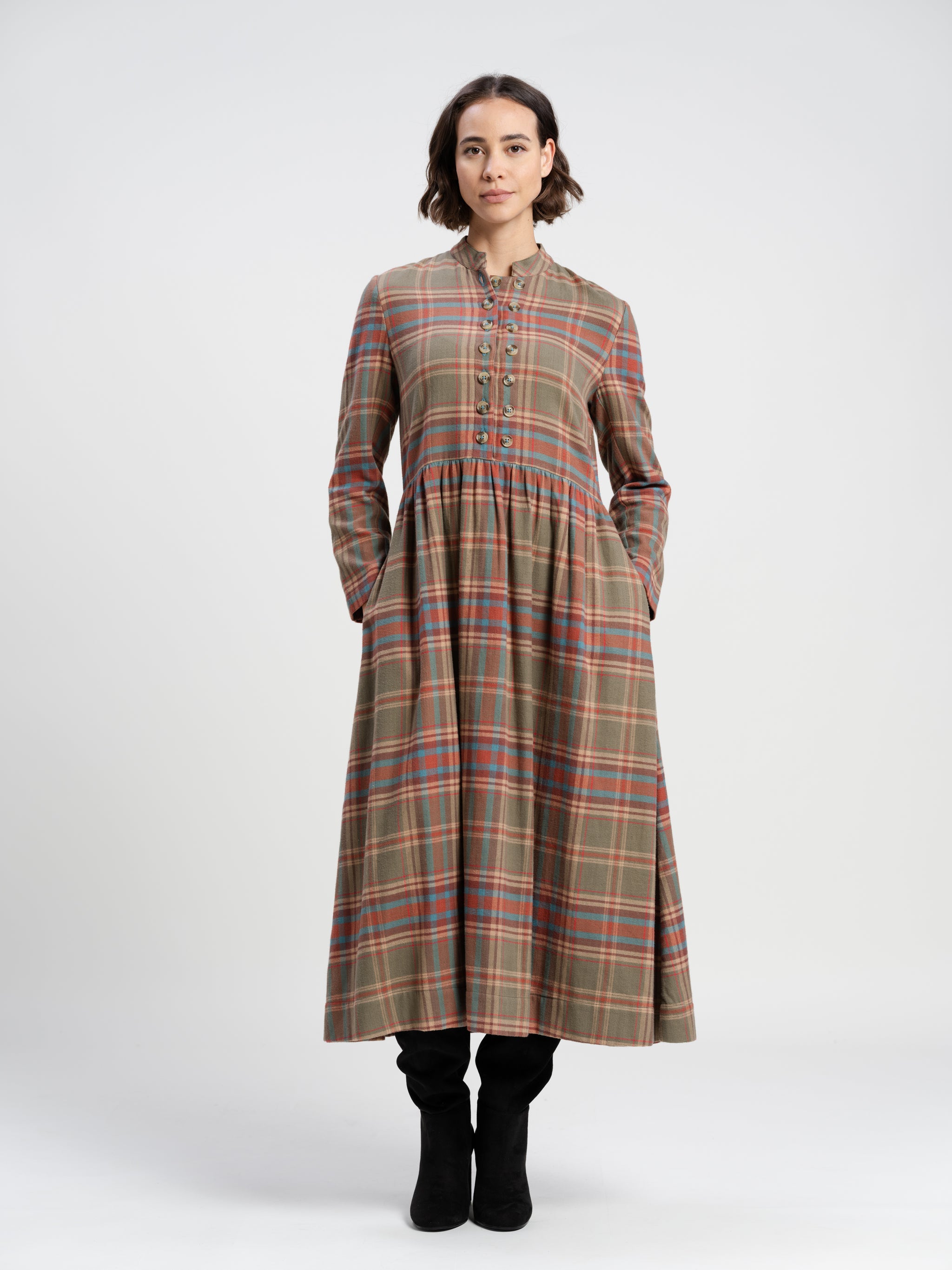 Kate Barton Women's Winter Edith Dress | Brown Heather Tartan | Moss ...